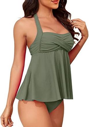 Generic Maillot de Bain pour Femme - Couleur Unie Sexy Jupe Couvrant Le Ventre Col Suspendu Tankini Bain Femme Deux Pi&egrave;ce Shorty Ensembles Haut avec Bas Bikin