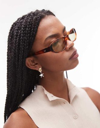 Le Specs Dont Cha - Schmale, sechseckige Sonnenbrille in Toffee mit grünen Gläsern-Braun