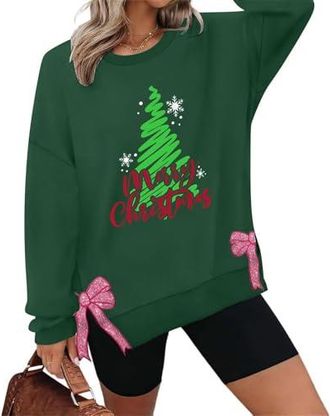Generic Chandail de Noël pour femme avec fente latérale et noeud imprimé - Pull amusant à col rond et manches longues, Vert, 3XL