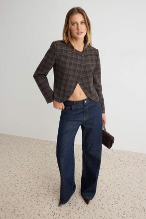 Trendyol Longblazer mit Karomuster, Regular Fit - Braun