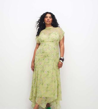 Asos Curve ASOS DESIGN Curve - Robe longue en mousseline &agrave; col montant et ourlet mouchoir - Citron vert &agrave; fleurs-Multicolore