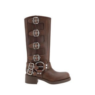 Miu Miu Buckled Calf Leather Boot - Brown