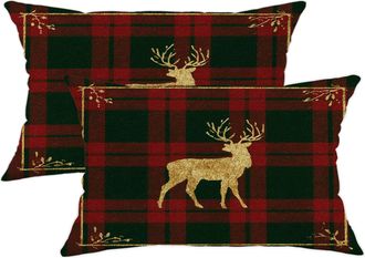 Generic Weihnachts-Kissenbez&uuml;ge, 2er-Set, rot und gr&uuml;n, kariert, Hirsch-Design, quadratisch, Bauernhaus-Dekoration f&uuml;r Zuhause, Sofa, Couch, 50,8 x 30,5 cm