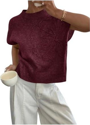 Generic Pull &agrave; manches courtes pour femme - Pull floral - D&eacute;bardeurs en tricot - Coupe ample - Col rond - V&ecirc;tements tendance, bordeaux, XL
