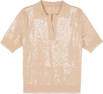 Oltre Femme, Pulls, Beige, Taille: 36 FR Polo en maille fine avec sequins