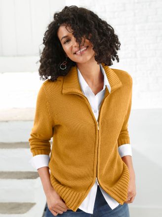Casual Looks Strickjacke CASUAL LOOKS, Damen, Gr. 38, gelb (maisgelb), 50% Baumwolle, 50% Polyacryl, unifarben, figurumspielend, Strickjacken Strickjacke, Topselle