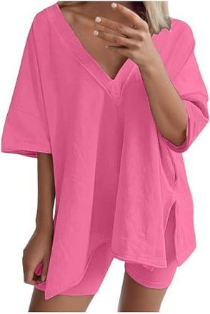 Generico Oversize T-shirt long d&eacute;contract&eacute; avec col en V et tuniques avec ouvertures pour femme, Rose intense, XXL