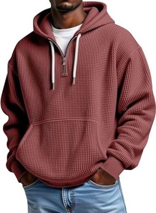 Generic Sweat &agrave; capuche pour homme - Motif gaufr&eacute; - Manches longues - Avec fermeture &eacute;clair 1/4 - Couleur unie - Confortable - Pull en tricot d&eacute;contract&eacute; - Av