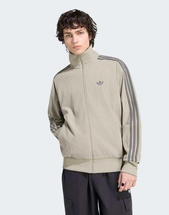 adidas Originals Firebird haut de surv&ecirc;tement en velours c&ocirc;tel&eacute; gris galet-Argent&eacute;