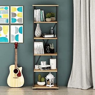 Homemania Bücherregal mit Regal, für Wand, Büro, Studio, Wohnzimmer, Walnuss, Schwarz, Holz, Metall, 51 x 30 x 162 cm, Spanplatte