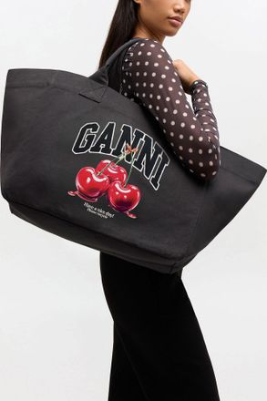 Ganni Schwarze XXL-Tragetasche mit Kirschenmotiv gemischt