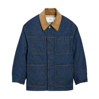 Ami Homme, Vestes, Bleu, Taille: L Veste en jean avec col en velours c&ocirc;tel&eacute;