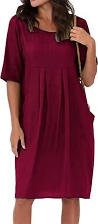Onsoyours Robe Tunique Femme Fluide Chic et Elegant Longue Droite Swing Robe Plage Bohème Ample Robe Tee Shirt avec Poche Robe Casual Décontractée Dété E Vin Ro