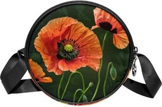 Generic Sac &agrave; bandouli&egrave;re rond pour femme, motif coquelicot, petit sac &agrave; bandouli&egrave;re avec fermeture &eacute;clair, bretelles r&eacute;glables, sac &agrave; main rond d&eacute;contract&eacute; p
