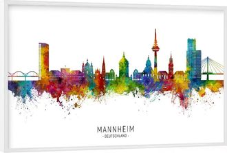 artboxONE Poster mit weißem Rahmen 90x60 cm Städte Mannheim Germany Skyline txt - Bild Mannheim City Cityscape