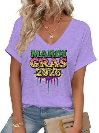 Generic T-shirt Mardi Gras pour femme, col en V - T-shirt d&eacute;contract&eacute; &agrave; manches courtes pour carnaval, v&ecirc;tements d&eacute;t&eacute; - pour les loisirs et les voyages, lavan