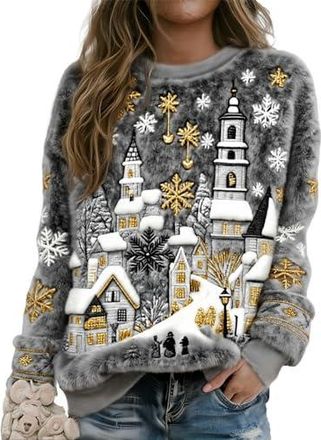 Generic Sweat-shirt de No&euml;l en flanelle imprim&eacute; chat pour femme, pull fantaisie de No&euml;l &agrave; col rond, haut de vacances, v&ecirc;tements festifs, v&ecirc;tements dhiver, d&eacute;c