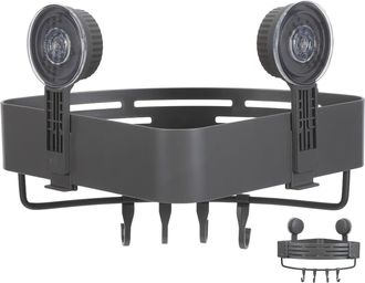 Garneck 2 St&uuml;ck Dreieckiges Eckregal mit Saugn&auml;pfen Wandmontiertes Badezimmer Aufbewahrungsregal aus Wasserabweisendem Material mit Haken f&uuml;r Dusch und Kosmet