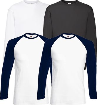 Fruit Of The Loom 4 T Shirt Longsleeve Baseball T M L XL XXL Langarm (XXL, 2 Base WhiteNavy + 1LS Weiss + 1LS Schwarz + 1 HLKauf Notizblock)