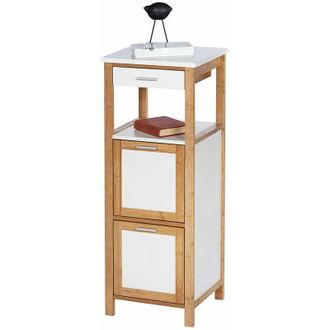 WENKO Regal Finja aus Bambus mit 2 Ablagen, 2 Fächern und Schublade, 34 x 89 x 30 cm, Braun, Bambus braun, mdf weiß - braun - Wenko