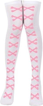 Generic Bas de cuisse &agrave; imprim&eacute; os, chaussettes longues noires blanches et roses pour femme, 5 os roses blancs, Taille Unique