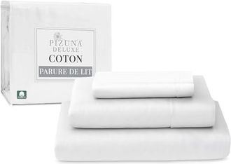 Pizuna 100% Coton Parure de Lit 90x200 cm Blanc, Tissu de Satin de Coton &agrave; 600 Fils au Pouce carr&eacute; Comprend 1 Drap Housse, 1 Drap Plat, 1 Taie doreiller (Cot