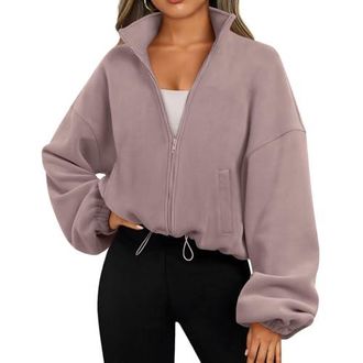 Generic Zip Up Hoodie Women Oversized Sweatshirt Fleece Cropped Jacket Fall Stand Collar Crop Workout Tops with Drawstring (FR/ES, Alpha/Lettres, TG, Taille N