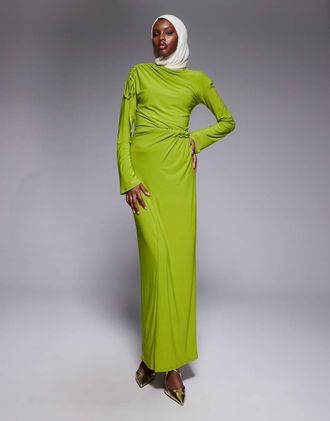 Asos Robe longue drap&eacute;e &agrave; col montant et taille torsad&eacute;e avec manches longues - Vert
