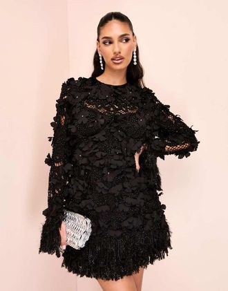 Asos Minikleid mit Lochmuster in Schwarz mit 3D-Blumenverzierung und Kunstfederbesatz-Bunt