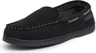 Dearfoams Herren Atmungsaktive Memory Foam Indoor/Outdoor Keaton Mokassin Hausschuhe mit weiter Passform, Schwarz Micro-Wildleder, 13-14 Wide