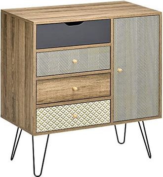 HOMCOM Meuble de Rangement Commode Buffet 4 tiroirs 1 Placard - Pieds &eacute;pingles &agrave; Cheveux - Style boh&egrave;me - 79 x 39 x 86 cm Marron