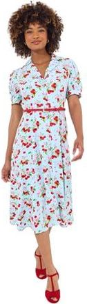Joe Browns Vintage Cherry Print Collared Belted Midi Dress Robe, Bleu, 42 Femme
