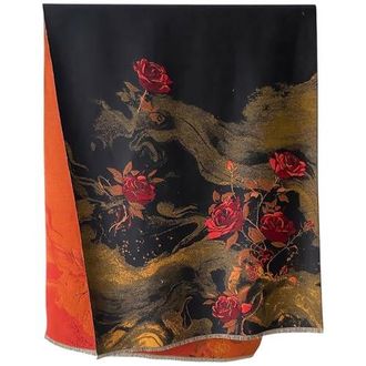 GFM Foulard Châle Style Pashmina Texture Cachemire Femme Automne Hiver Noël (FRLSHL-CC), Roses sur fond noir, L