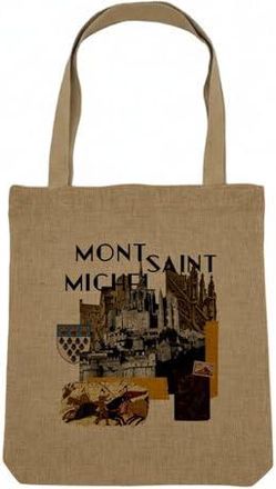 Fabulous Sac Shopping Tote Bag Aspect Lin - Mont Saint Michel Collage Normandie Village Tourisme - Sac de Courses Toile Epaisse 360g Beige Naturel Cabas Port&eacute; 