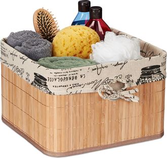 Relaxdays 3 x Aufbewahrungskorb, Bambus und Polyester, H x B x T: 20 x 31 x 31 cm, K&ouml;rbchen mit Griffloch, Regalkorb, Natur/Creme