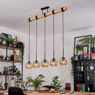 HOFSTEIN Pendelleuchte Koyoto, 5-flammige H&auml;ngelampe aus Metall/Holz/Riffelglas in Schwarz/Natur/Bernstein, moderne H&auml;ngeleuchte im Boho/Retro-Design mit Holzs