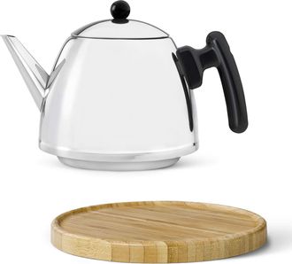 Bredemeijer Teekanne Set 1.2 Liter - Edelstahl doppelwandig silber gl&auml;nzend - Kleiner klassischer Teebereiter ohne Filter - inkl. Holz-Untersetzer braun