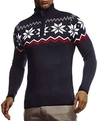 LEIF NELSON LN20758 Pull en tricot pour homme, motif norvégien, coupe slim, idéal pour lhiver ou Noël - Bleu - Small