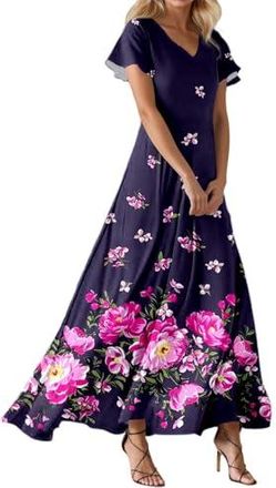 Generic Robe d&eacute;t&eacute; boh&egrave;me 2026 pour femme, robe d&eacute;t&eacute; &eacute;l&eacute;gante avec col en V, fluide, d&eacute;contract&eacute;e, parfaite pour la plage et la vill&eacute;giature, noir fonc&eacute;, 3XL