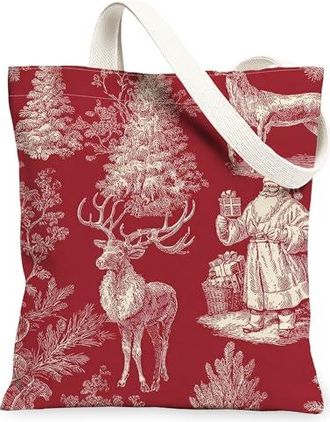 Generic Sacs fourre-tout en toile de cerf de No&euml;l, motif for&ecirc;t rustique, sacs d&eacute;picerie r&eacute;utilisables, vintage l&eacute;gers et lavables avec bandouli&egrave;re C, Rouge, 1