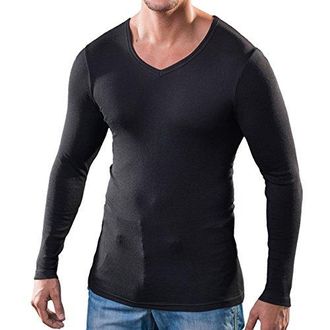 Hermko 164680 T-Shirt Manches Longues Homme avec col V en Coton/Modal, Taille:10 (XXXXXXL), Couleur:Noir