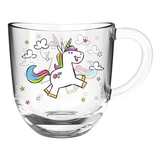 Leonardo Leonardo Bambini Glas-Tasse, Kinder-Becher aus Glas mit Tier-Motiv, sp&uuml;lmaschinengeeignete Tee-Tasse, Einhorn bunt rosa blau 1 St&uuml;ck, 280 ml, 022902