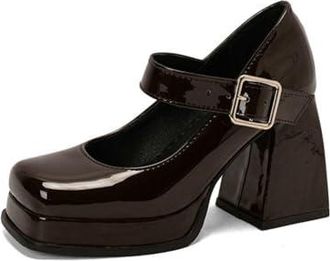 Generic Femmes Cuir Verni Mary Janes Chunky Plateforme Talon Mariage Fête Pompes Cheville Sangle Chaussures de Bureau 9Cm,Marron,34 EU