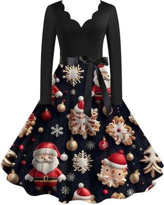 Generic Robes de Noël pour femmes, grande taille, robe de Noël 2025 plissée à manches longues pour bal de fin dannée, robe de cocktail Hepburn avec col en V, 