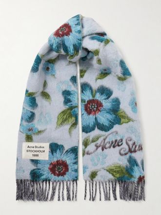 Acne Studios Schal Aus Einer Geb&uuml;rsteten Wollmischung Mit Blumenprint Und Fransen - Blau