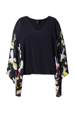 Ulla Popken Druckbluse Chiffon-Bluse doppellagig V-Ausschnitt 3/4-Arm