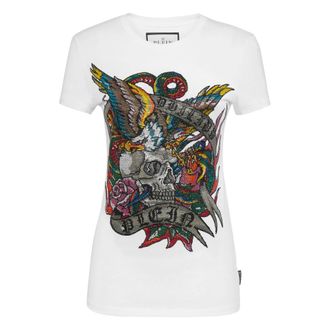 Philipp Plein Femme, Tops, Blanc, Taille: 40 FR T-shirt Col Rond MC Tattoo