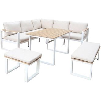 Sweeek Salon de jardin PAMPAS 8 places en bois dacacia et aluminium. coussins beiges en polyester. avec table rectangulaire Blanc / Beige