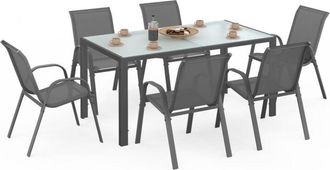 IDMarket Salon de jardin madrid table 150 cm et 6 chaises empilables gris anthracite plateau clair