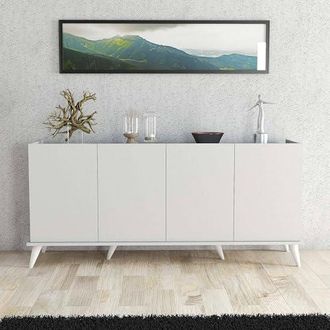 Dmora Sideboard Circini 180x45x80,8 cm Wei&szlig;, 2 Regale, 6 F&auml;cher